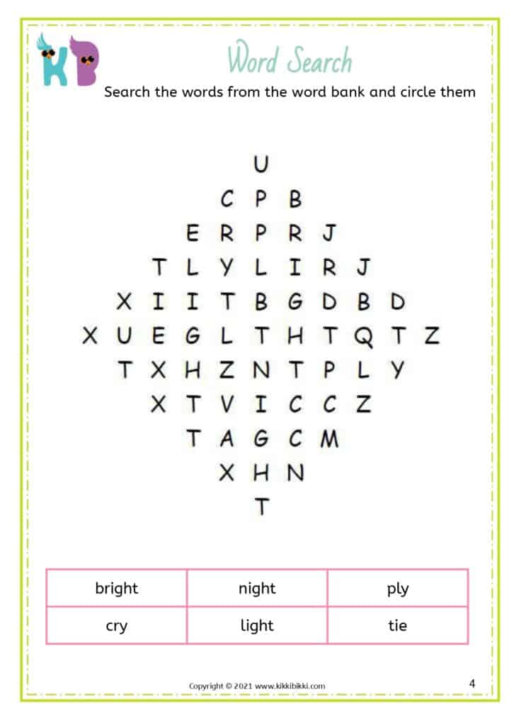Phonics Fluency: IE, IGH, and Y Sound Word Search Worksheets