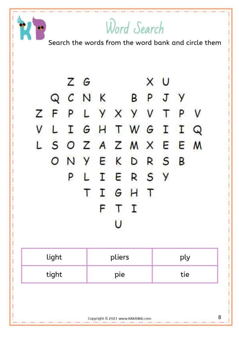 Phonics Fluency: IE, IGH, and Y Sound Word Search Worksheets