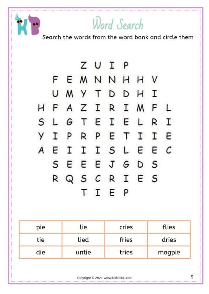 Phonics Fluency: IE, IGH, and Y Sound Word Search Worksheets