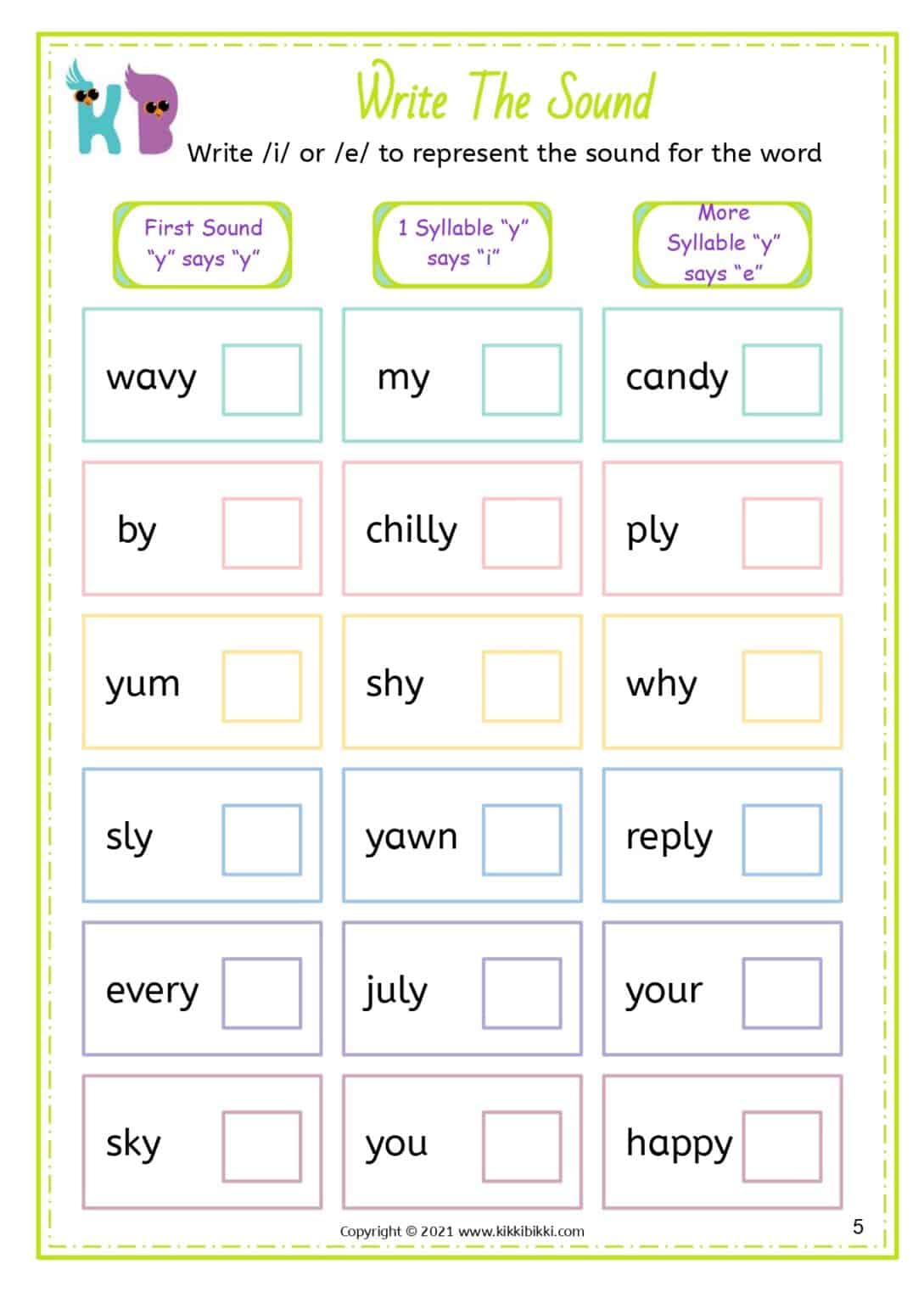 Sounds of y Worksheet - Free Phonics Printable Worksheets