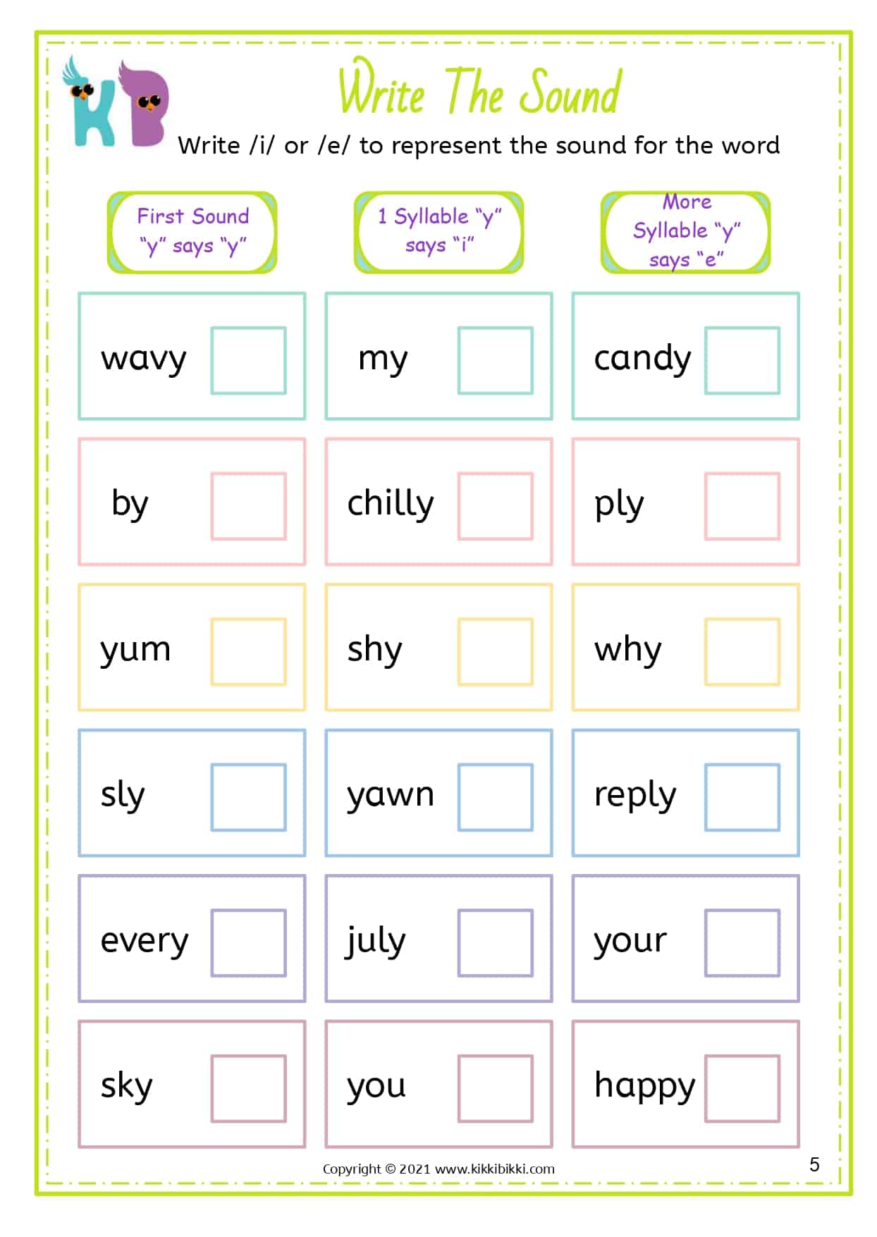 Sounds of y Worksheet - Free Phonics Printable Worksheets