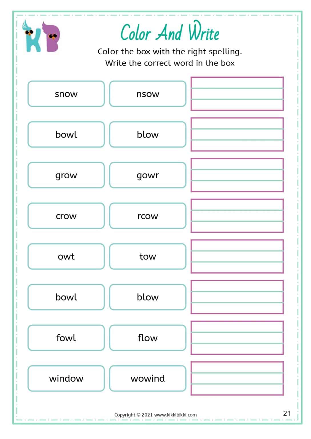Learn to Spell oa, ow, oe, ol Words - Free Printable Worksheets