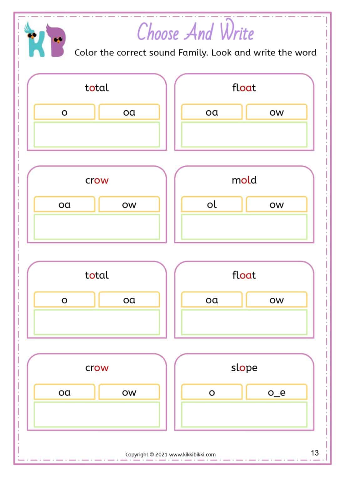 Learn to Spell oa, ow, oe, ol Words - Free Printable Worksheets