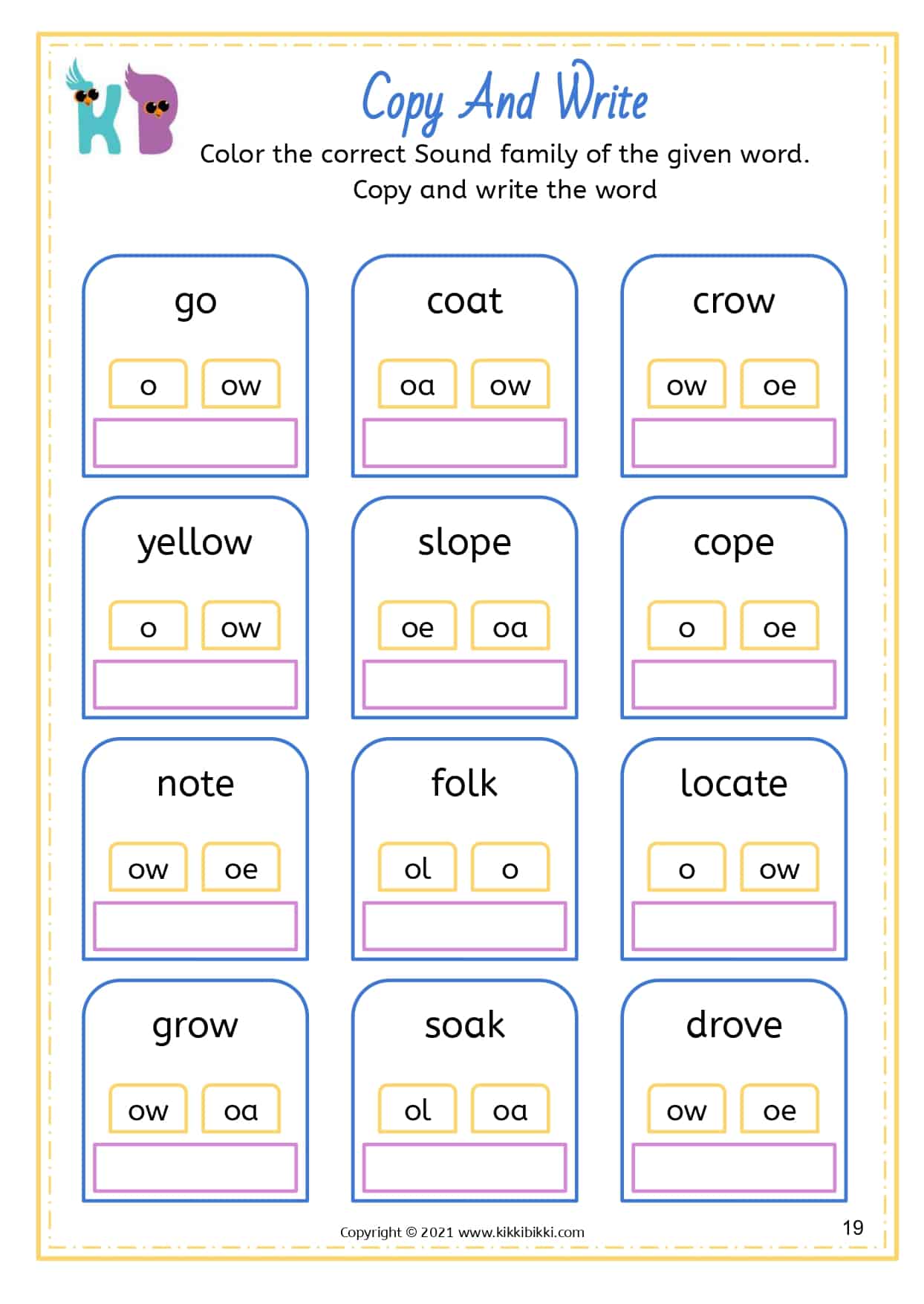 Learn to Spell oa, ow, oe, ol Words - Free Printable Worksheets