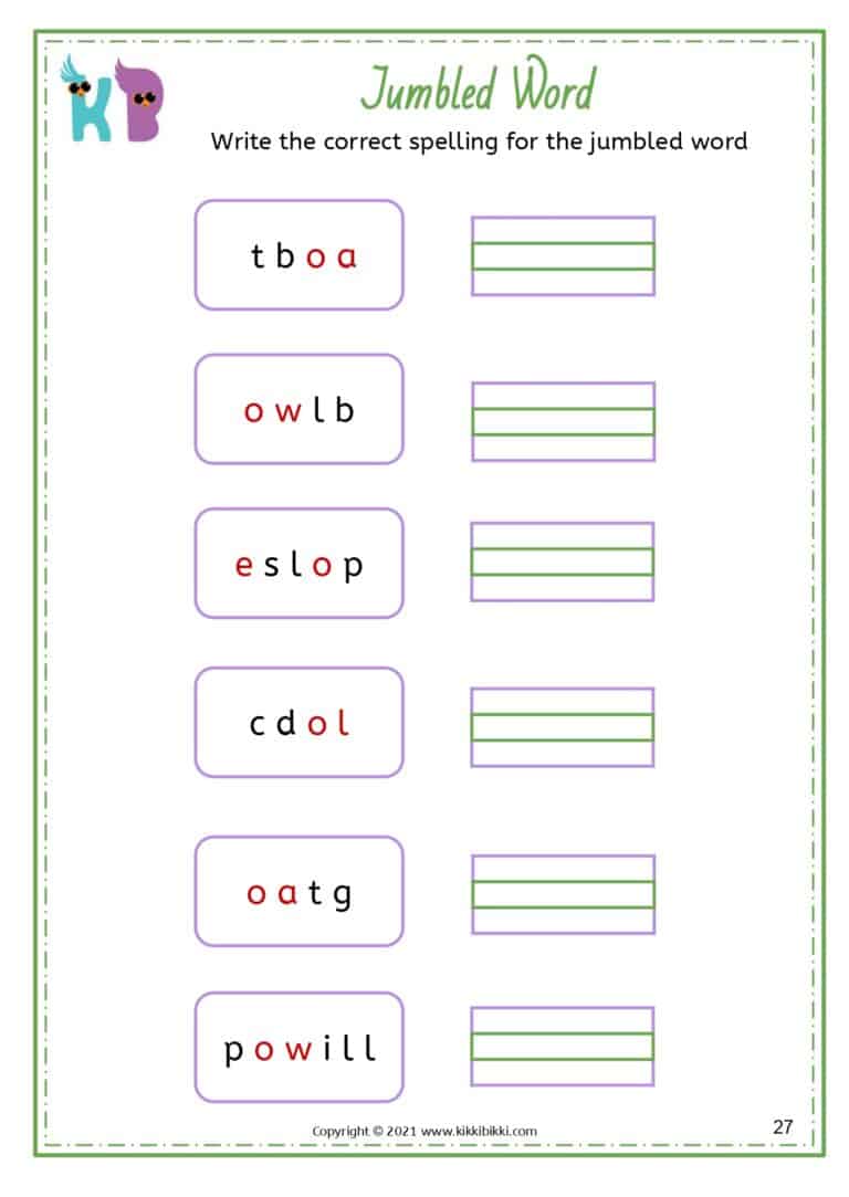 Learn to Spell oa, ow, oe, ol Words - Free Printable Worksheets