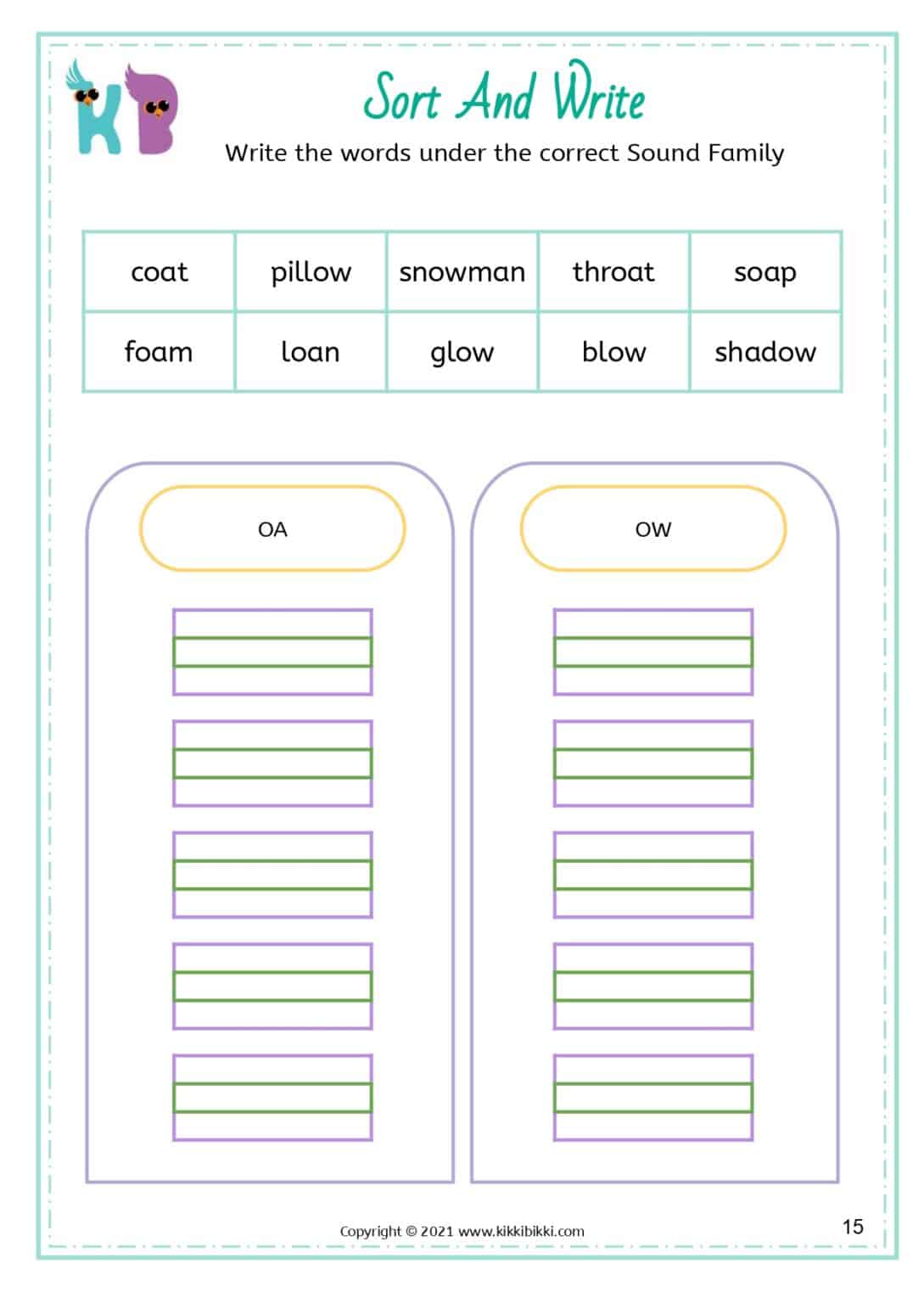 Learn to Spell oa, ow, oe, ol Words - Free Printable Worksheets