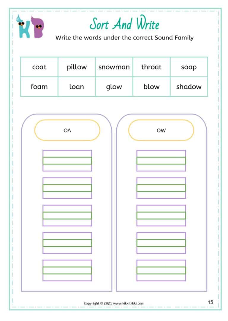 Learn to Spell oa, ow, oe, ol Words - Free Printable Worksheets