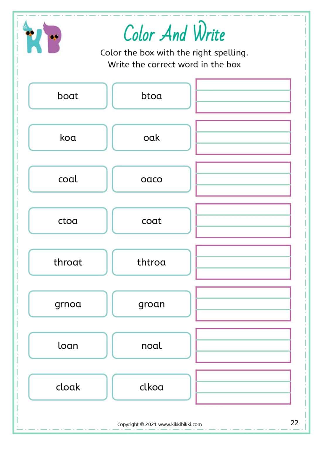 Learn to Spell oa, ow, oe, ol Words - Free Printable Worksheets