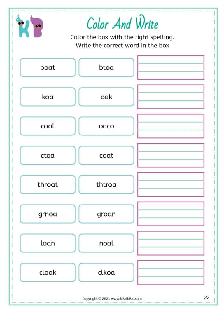 Learn to Spell oa, ow, oe, ol Words - Free Printable Worksheets
