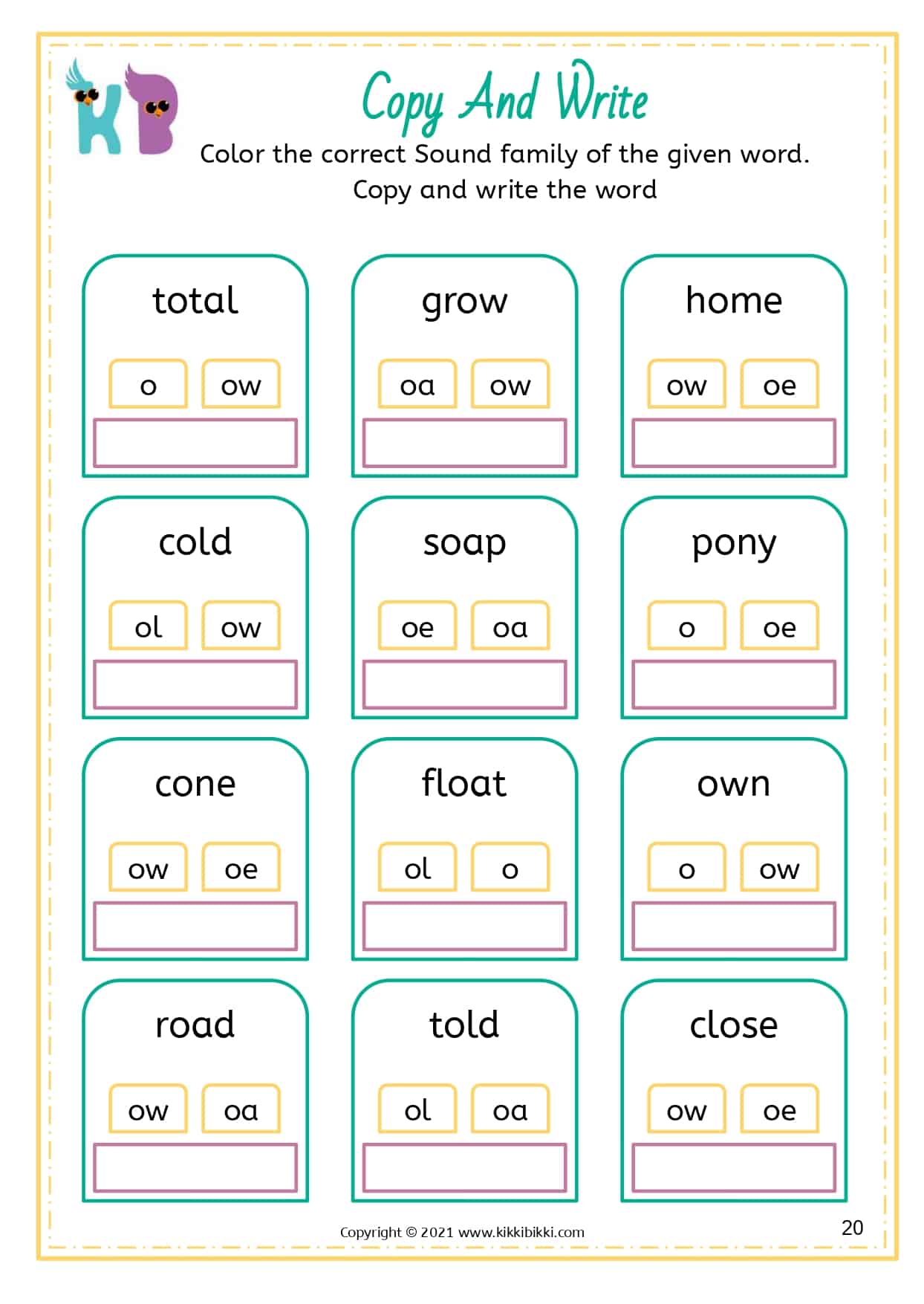 Learn to Spell oa, ow, oe, ol Words - Free Printable Worksheets
