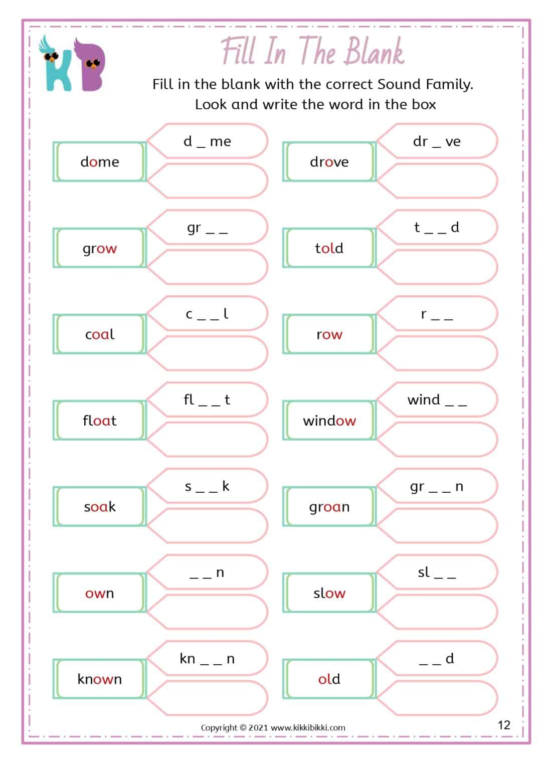 Learn to Spell oa, ow, oe, ol Words - Free Printable Worksheets