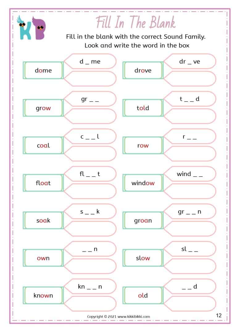 Learn to Spell oa, ow, oe, ol Words - Free Printable Worksheets