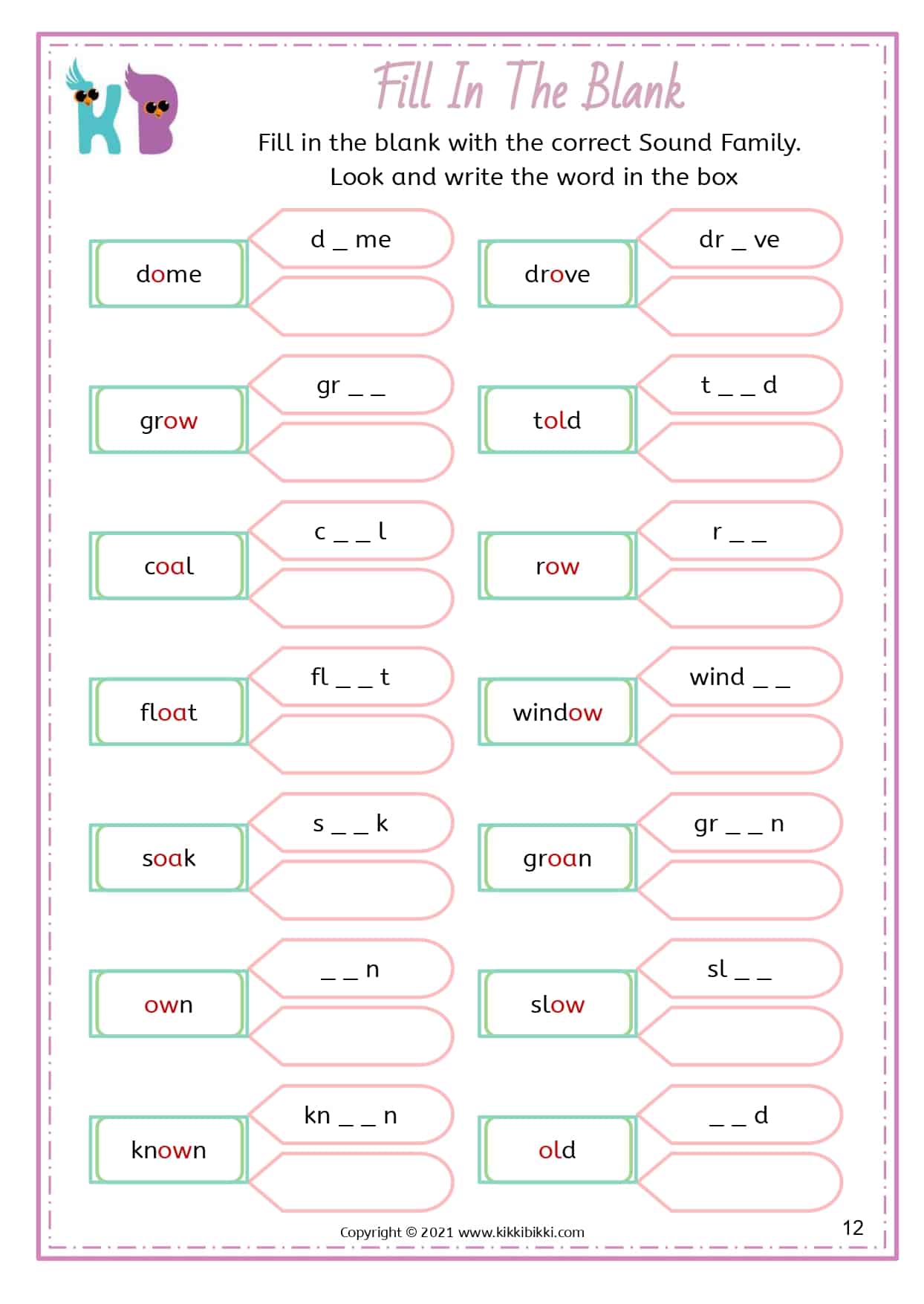 Learn to Spell oa, ow, oe, ol Words - Free Printable Worksheets