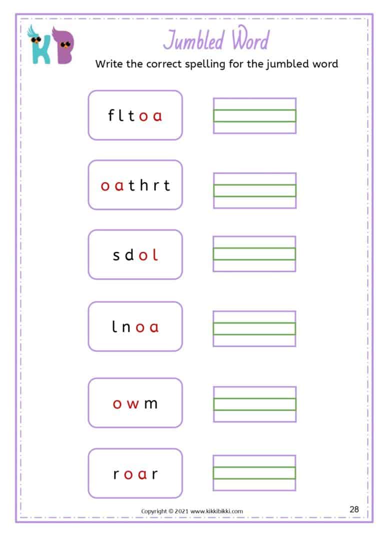 Learn to Spell oa, ow, oe, ol Words - Free Printable Worksheets