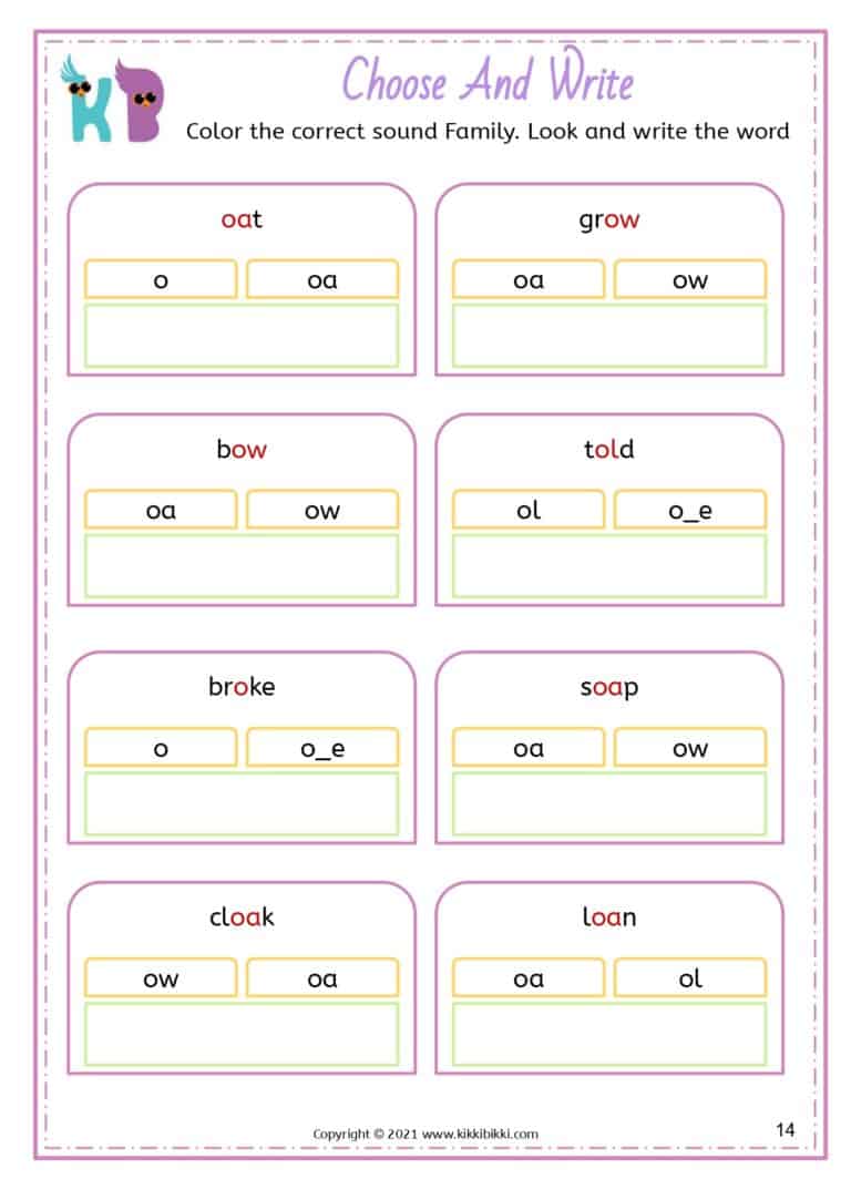 Learn to Spell oa, ow, oe, ol Words - Free Printable Worksheets