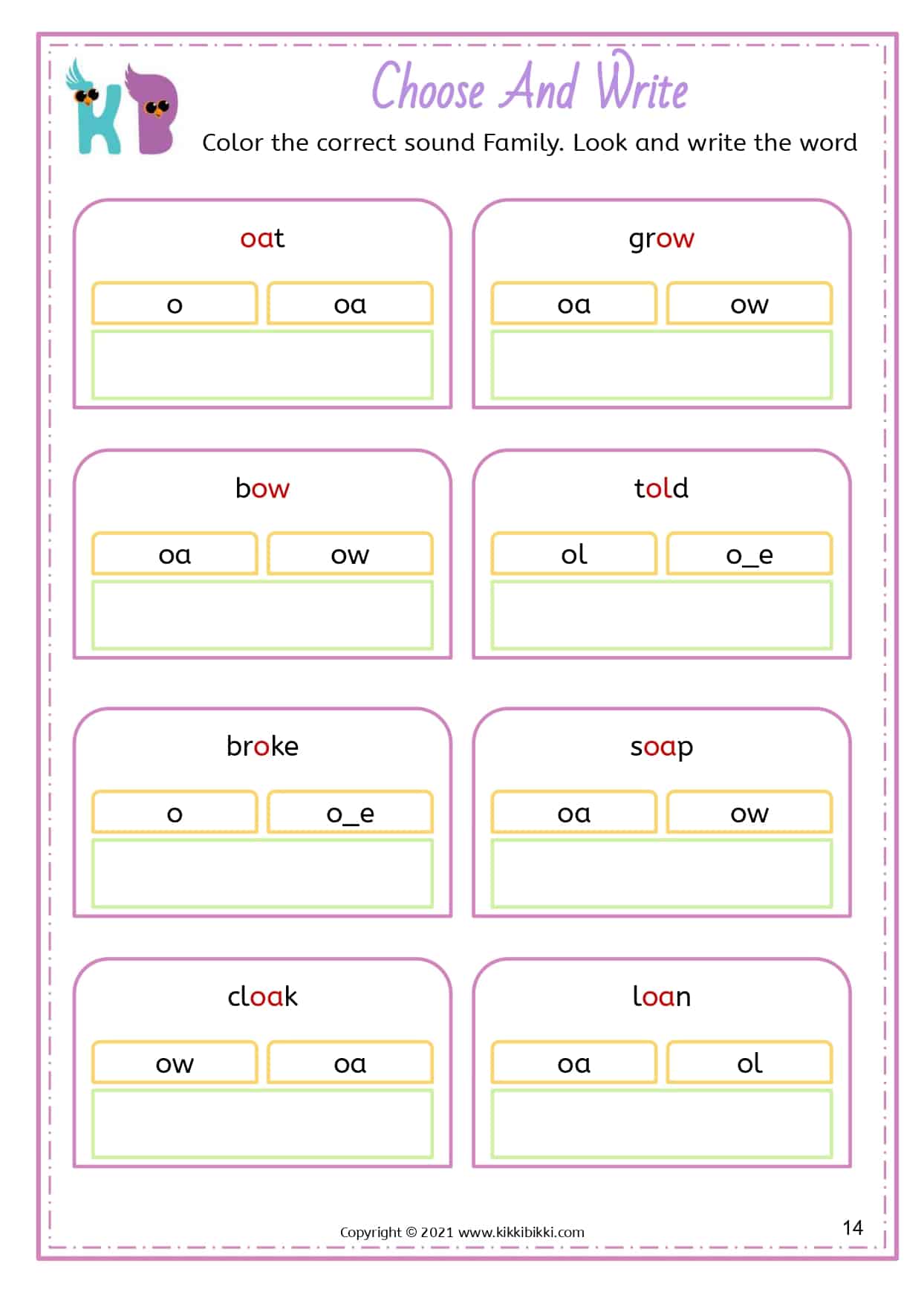 Learn to Spell oa, ow, oe, ol Words - Free Printable Worksheets