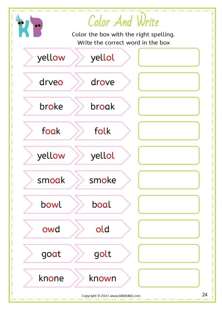 Learn to Spell oa, ow, oe, ol Words - Free Printable Worksheets