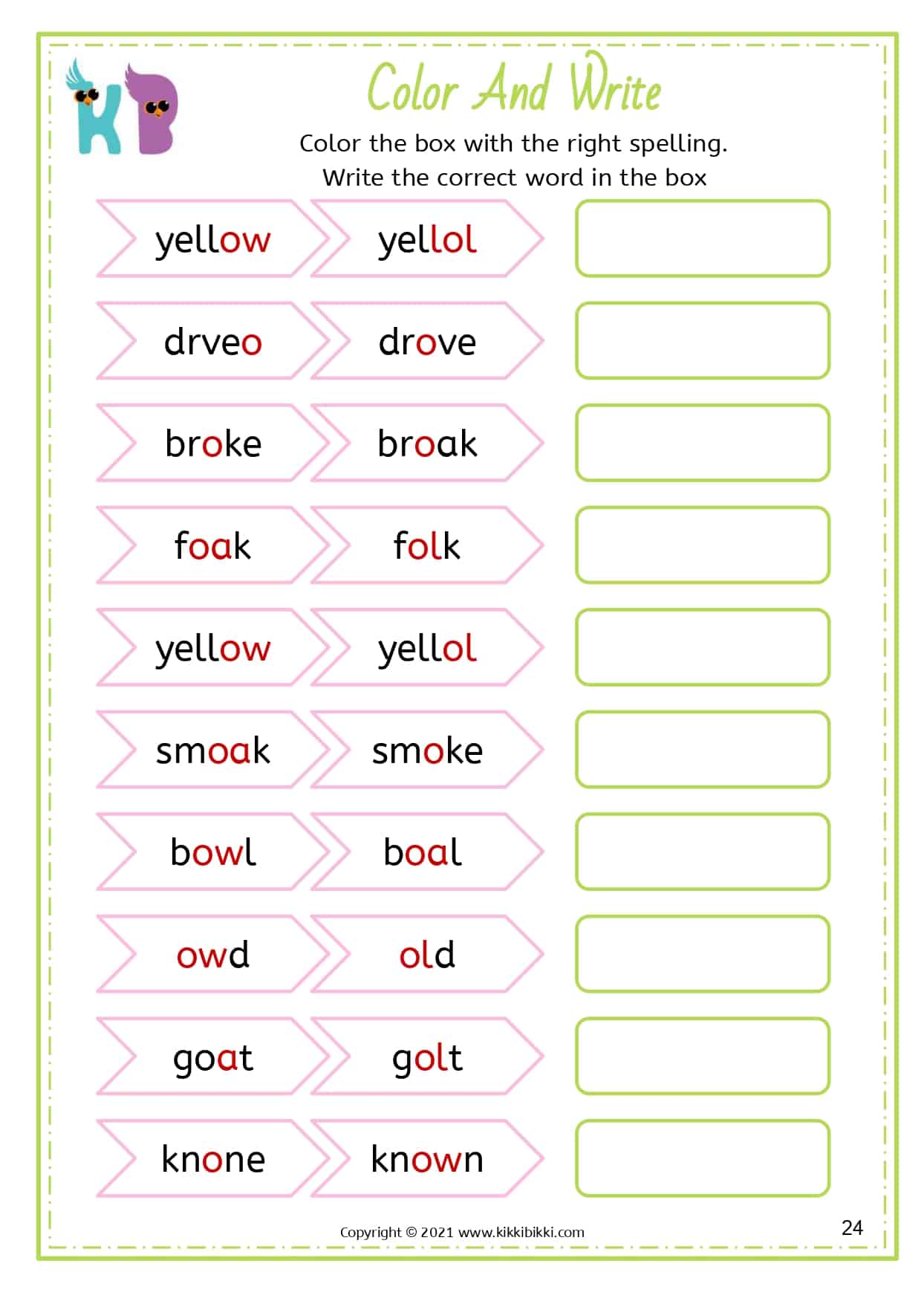 Learn to Spell oa, ow, oe, ol Words - Free Printable Worksheets