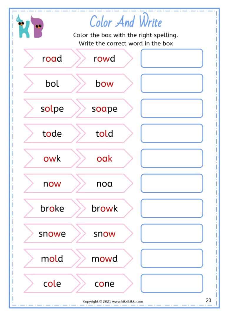 Learn to Spell oa, ow, oe, ol Words - Free Printable Worksheets
