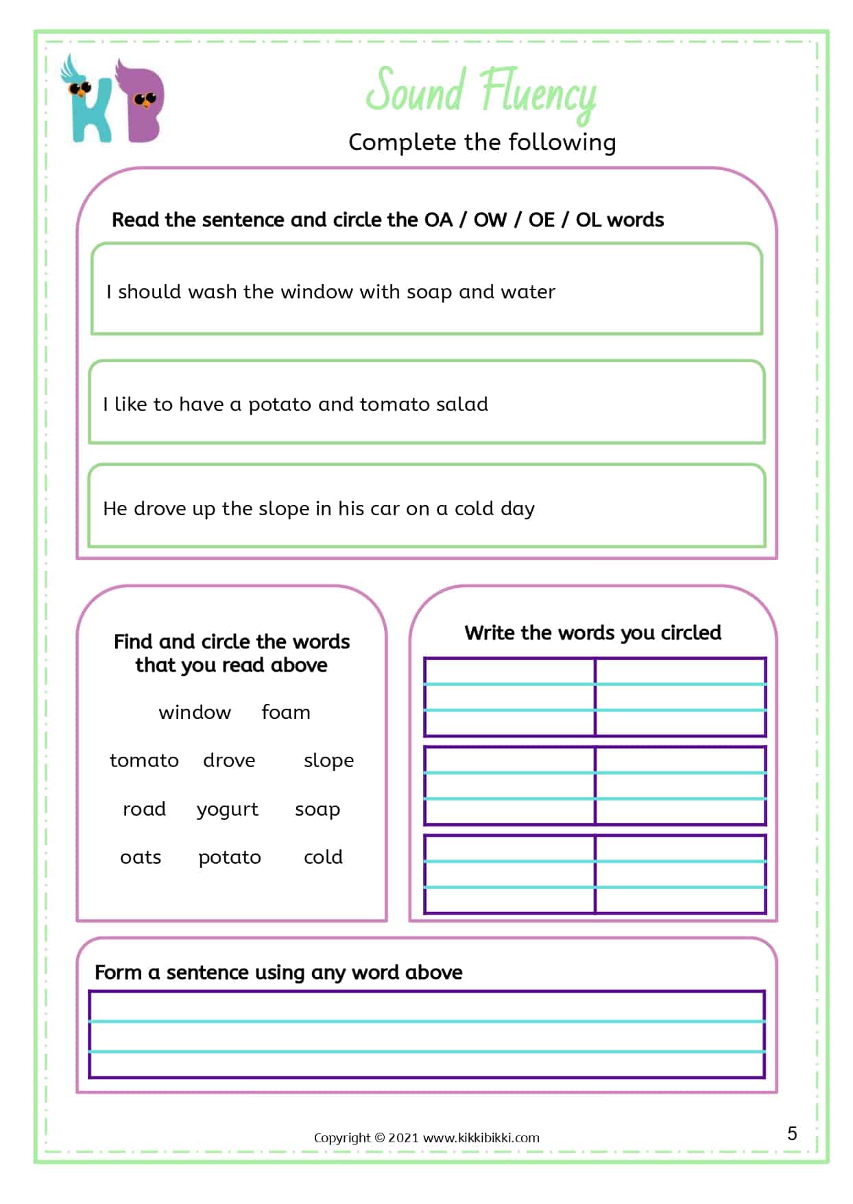 Learn to Spell oa, ow, oe, ol Words - Free Phonics Worksheets