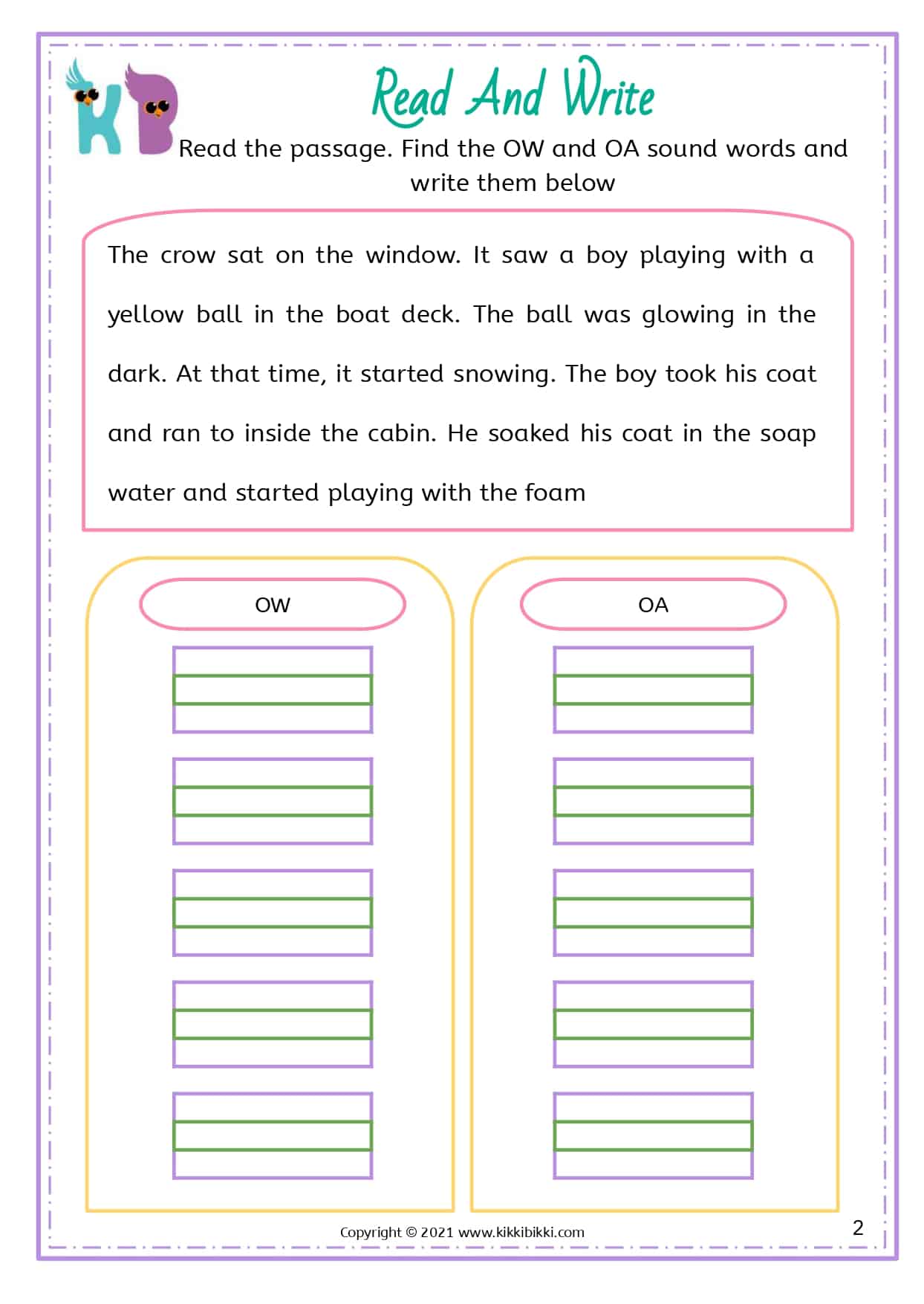 Learn to Spell oa, ow, oe, ol Words - Free Phonics Worksheets
