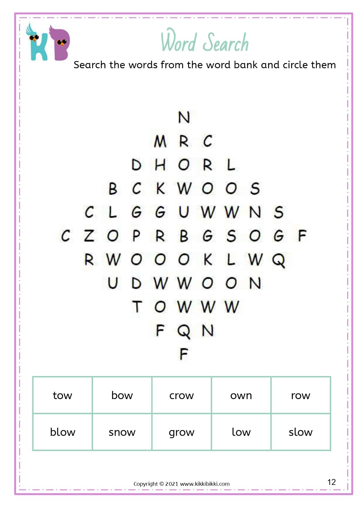 Phonics Fluency: OA, OW, OE, OL Sound Word Search Worksheet
