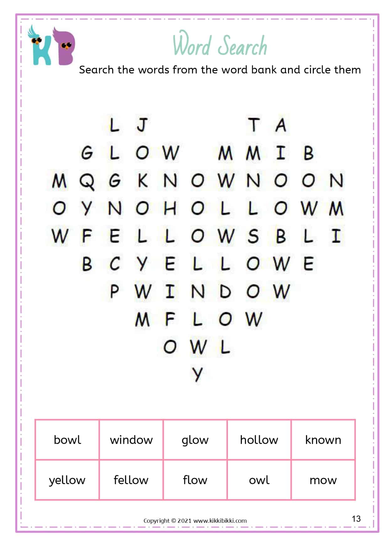 Phonics Fluency: OA, OW, OE, OL Sound Word Search Worksheet
