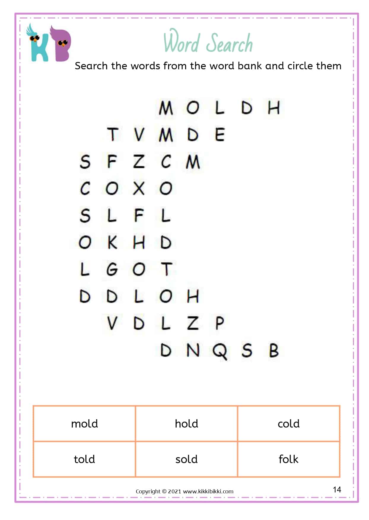 Phonics Fluency: OA, OW, OE, OL Sound Word Search Worksheet
