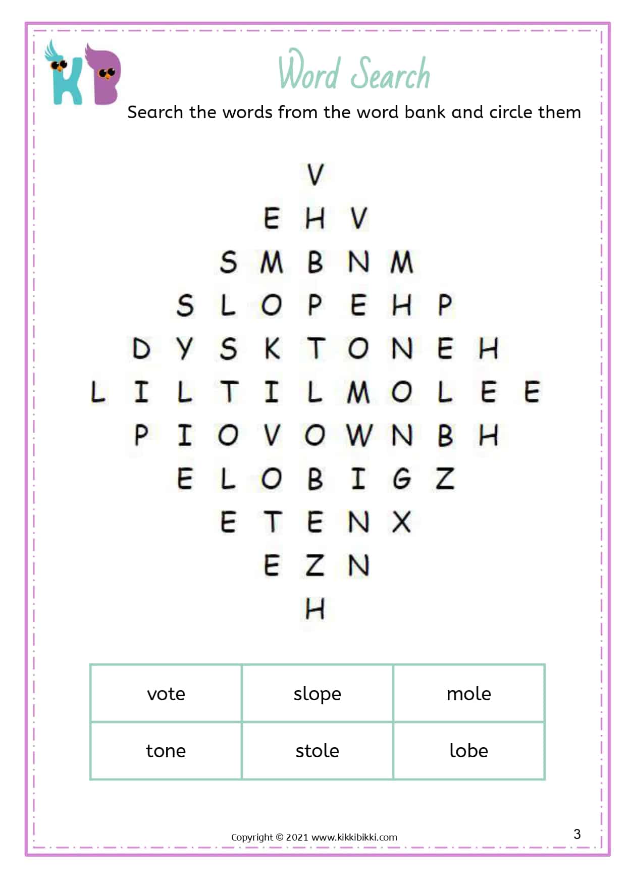 Phonics Fluency: OA, OW, OE, OL Sound Word Search Worksheet