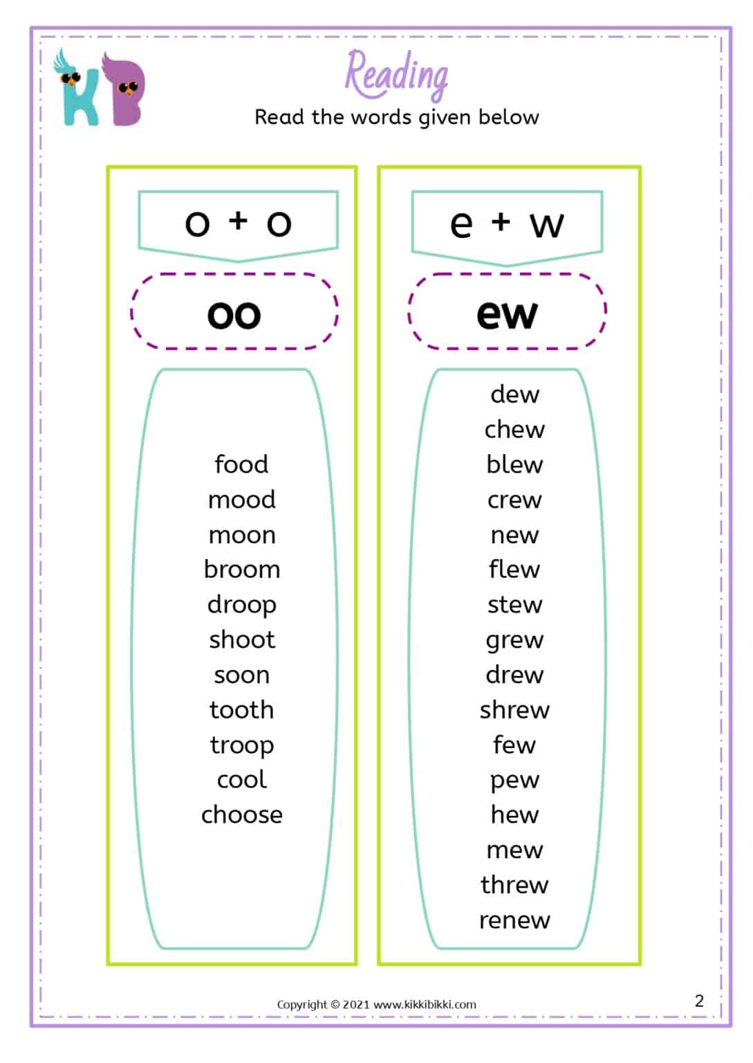 Learn to Spell oo-ew-ue Words | Phonics Printable Worksheets