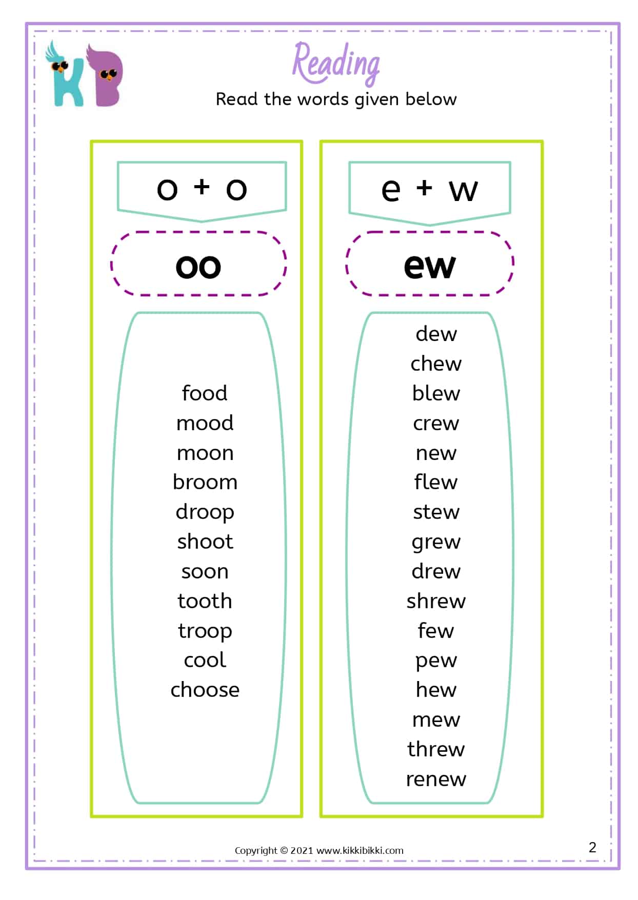 Learn to Spell oo-ew-ue Words | Phonics Printable Worksheets