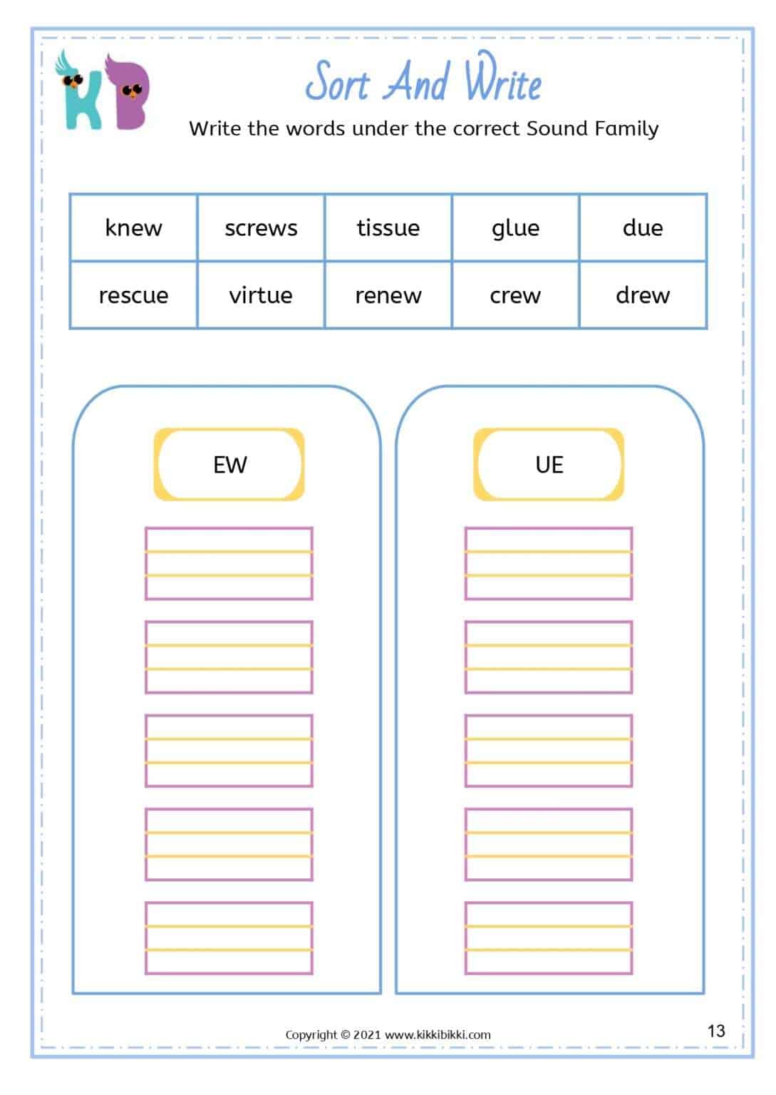 Learn to Spell oo-ew-ue Words | Phonics Printable Worksheets