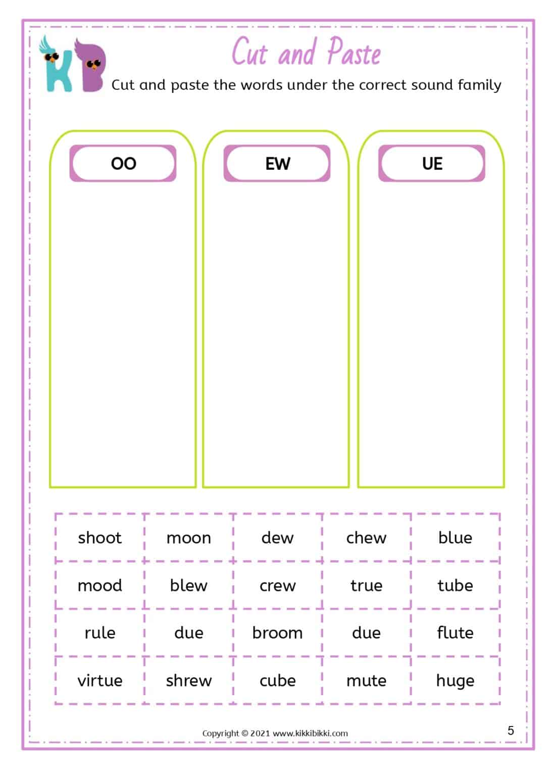 Learn to Spell oo-ew-ue Words | Phonics Printable Worksheets