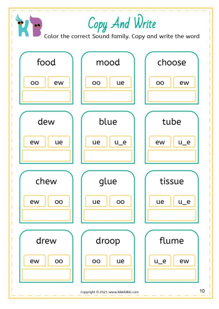 Learn to Spell oo-ew-ue Words | Phonics Printable Worksheets