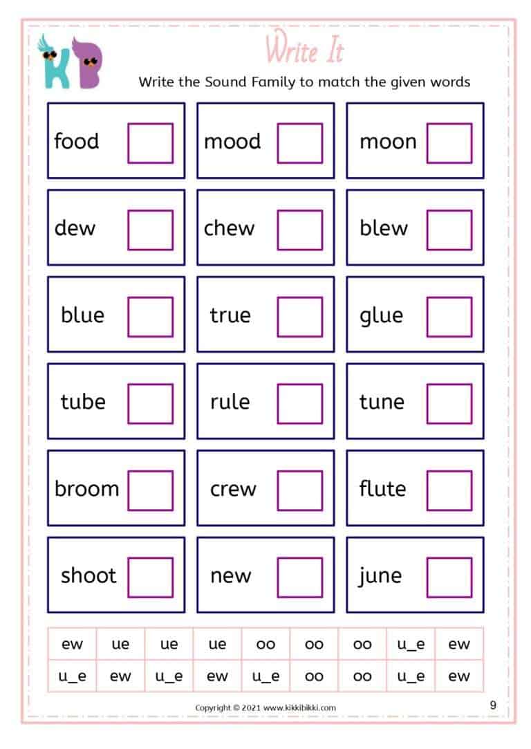 Learn to Spell oo-ew-ue Words | Phonics Printable Worksheets