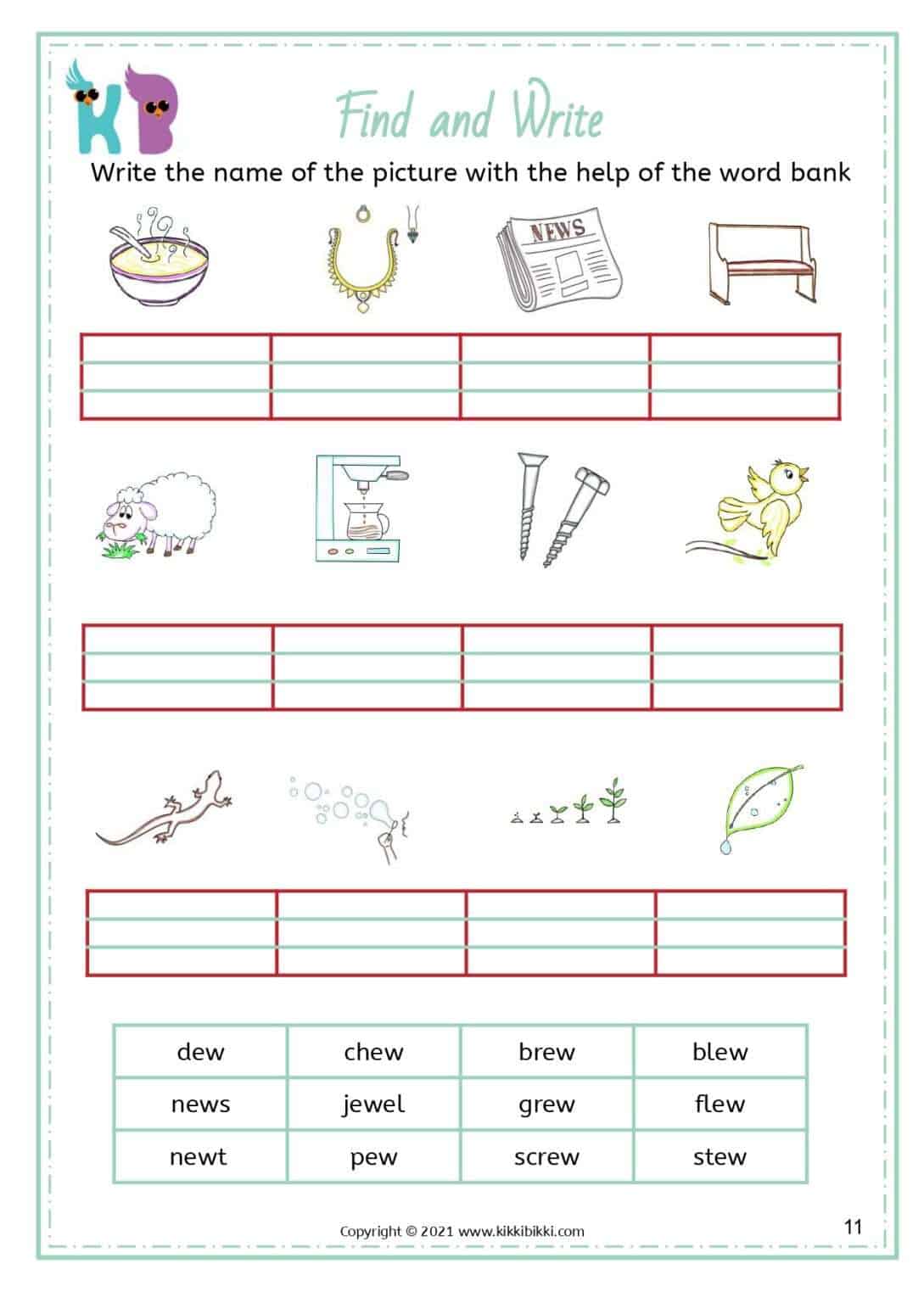 ew Sound - Free Phonics Printable Worksheets - KikkiBikki