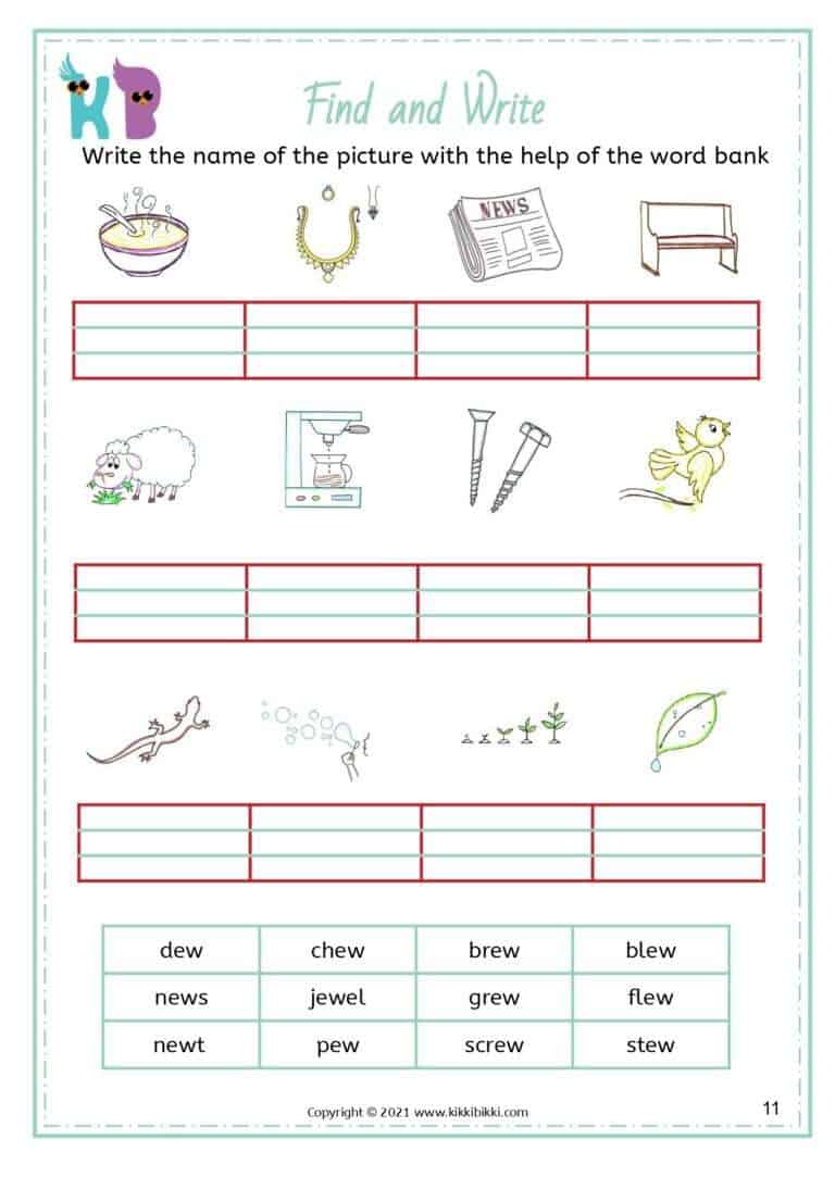 ew Sound - Free Phonics Printable Worksheets - KikkiBikki