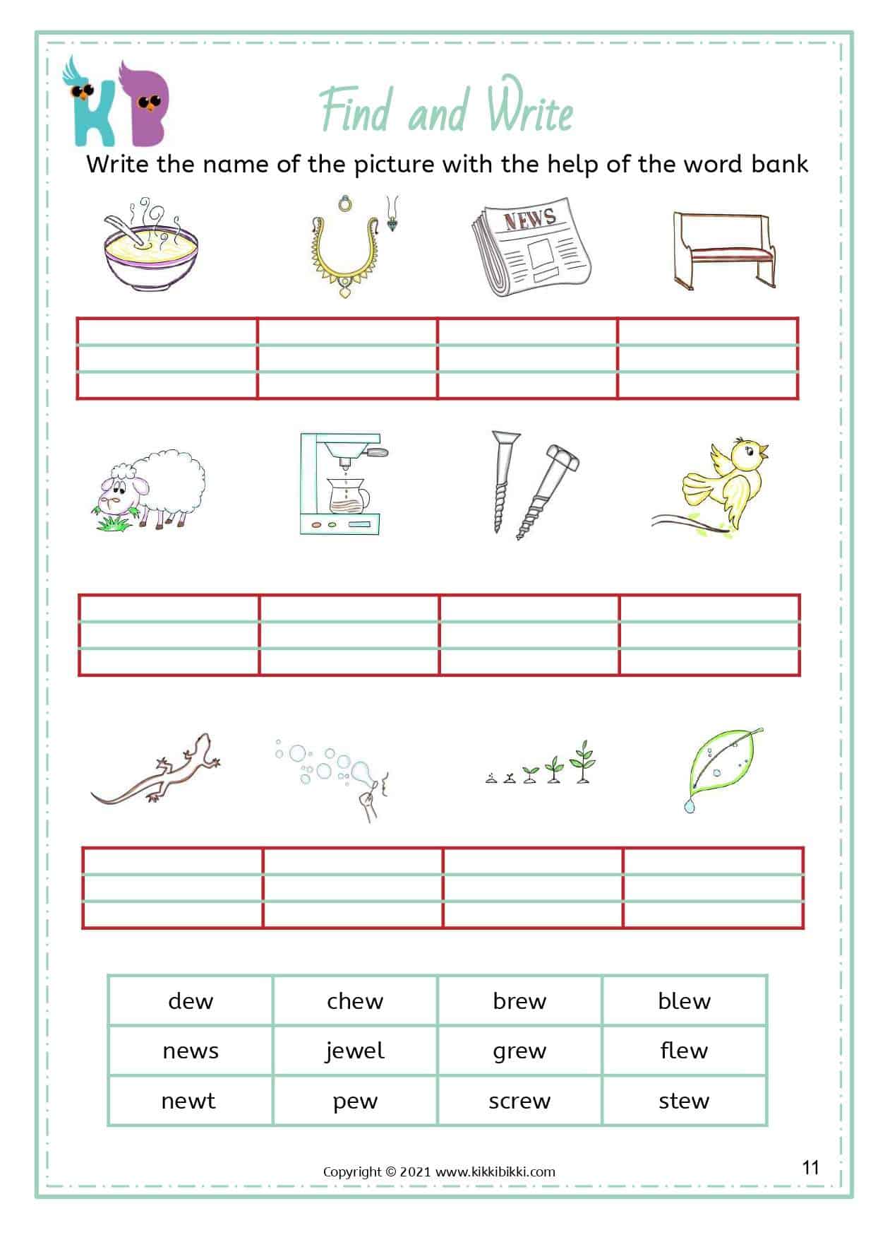 ew Sound - Free Phonics Printable Worksheets - KikkiBikki