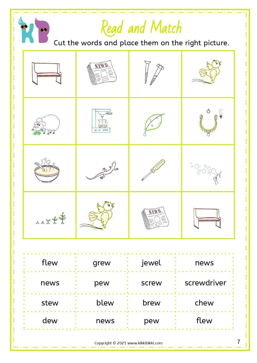 ew Sound - Free Phonics Printable Worksheets - KikkiBikki