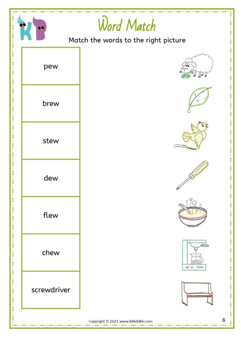 ew Sound - Free Phonics Printable Worksheets - KikkiBikki