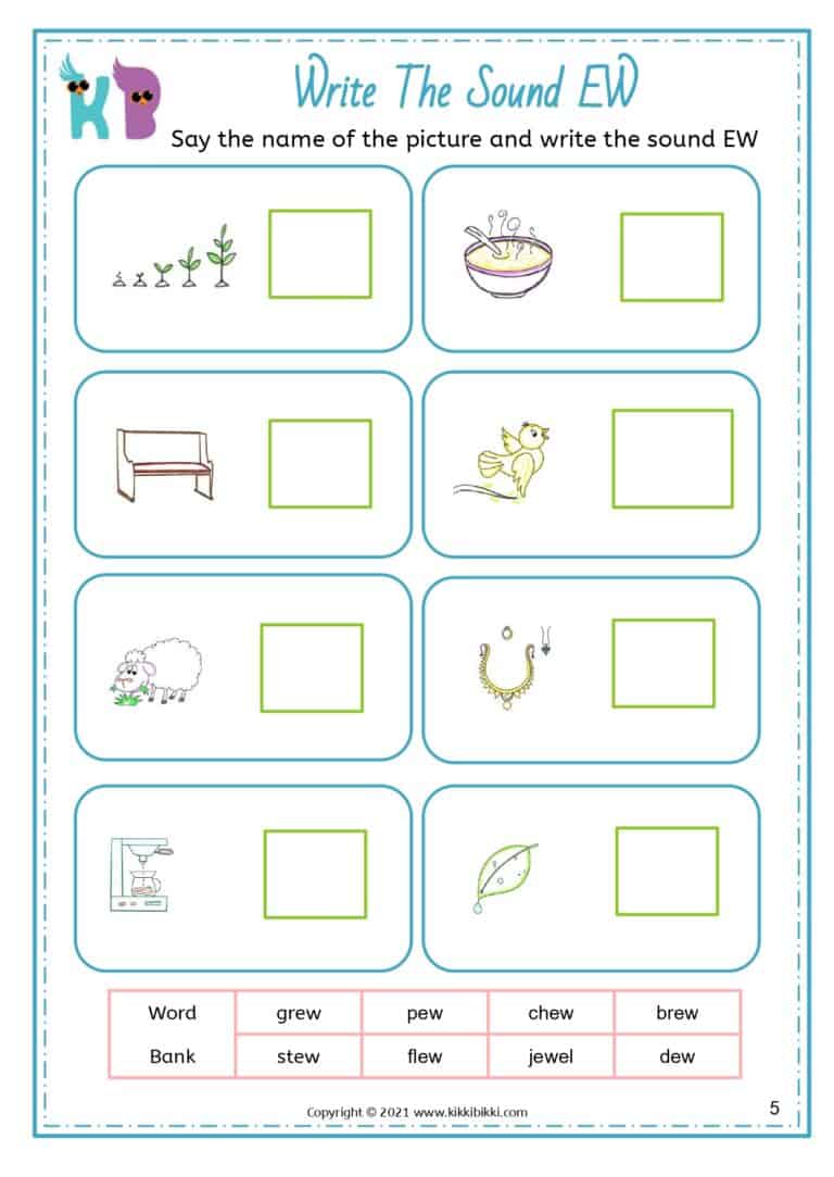 ew Sound - Free Phonics Printable Worksheets - KikkiBikki