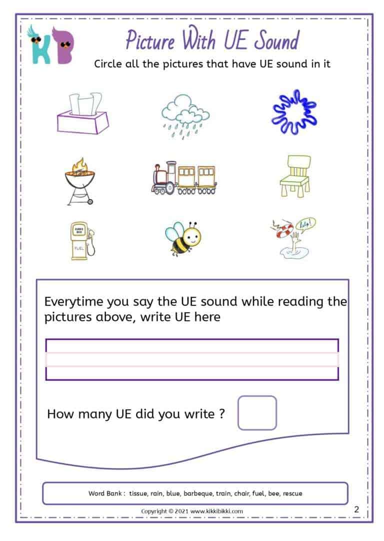 ue Sound Words Worksheets - Free Phonics Printable - KikkiBikki
