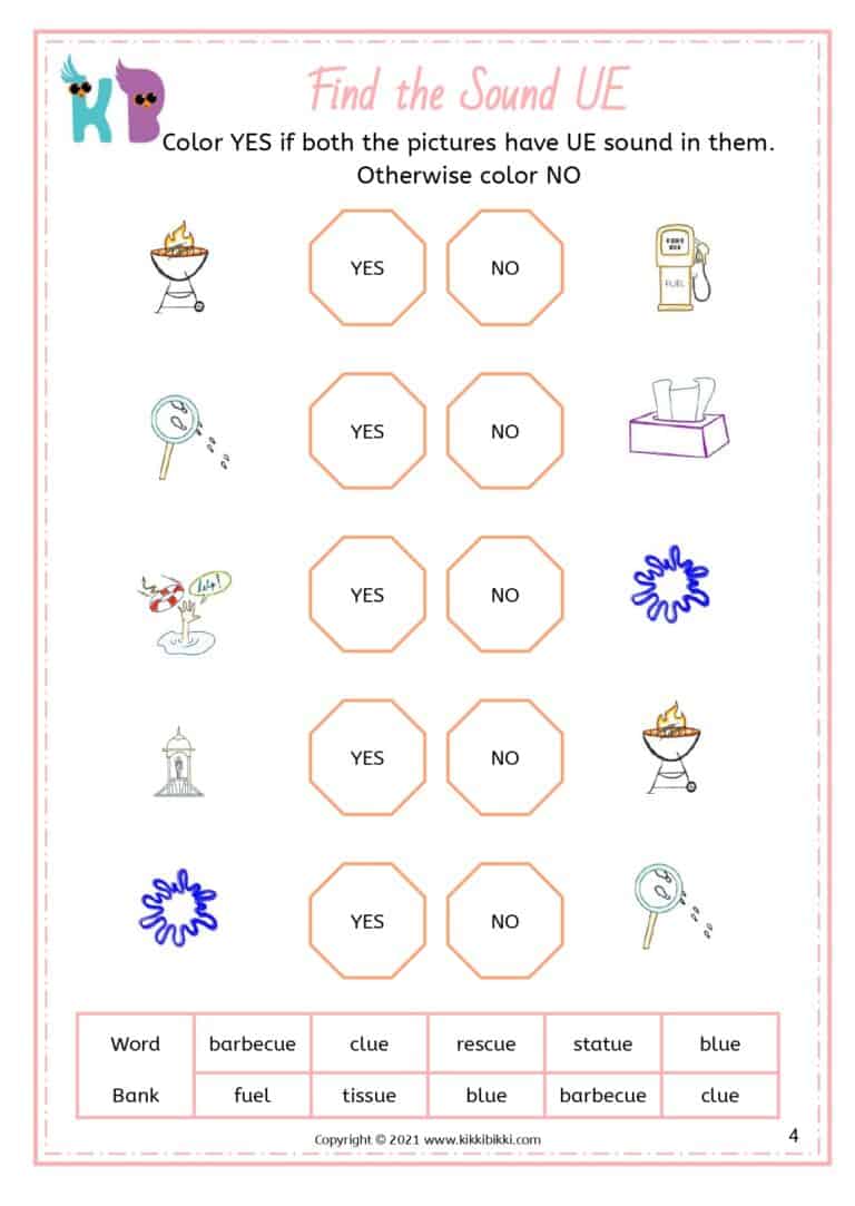ue Sound Words Worksheets - Free Phonics Printable - KikkiBikki