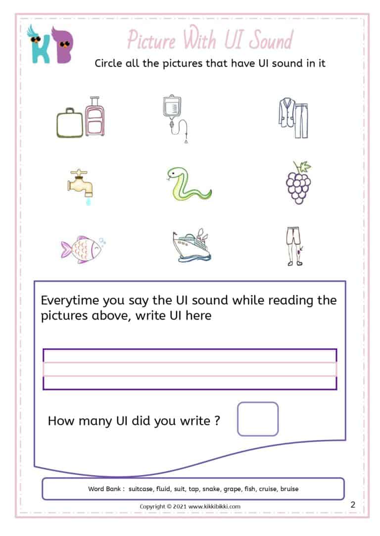 ui Words - Kindergarten Worksheet - Free Phonics Printable