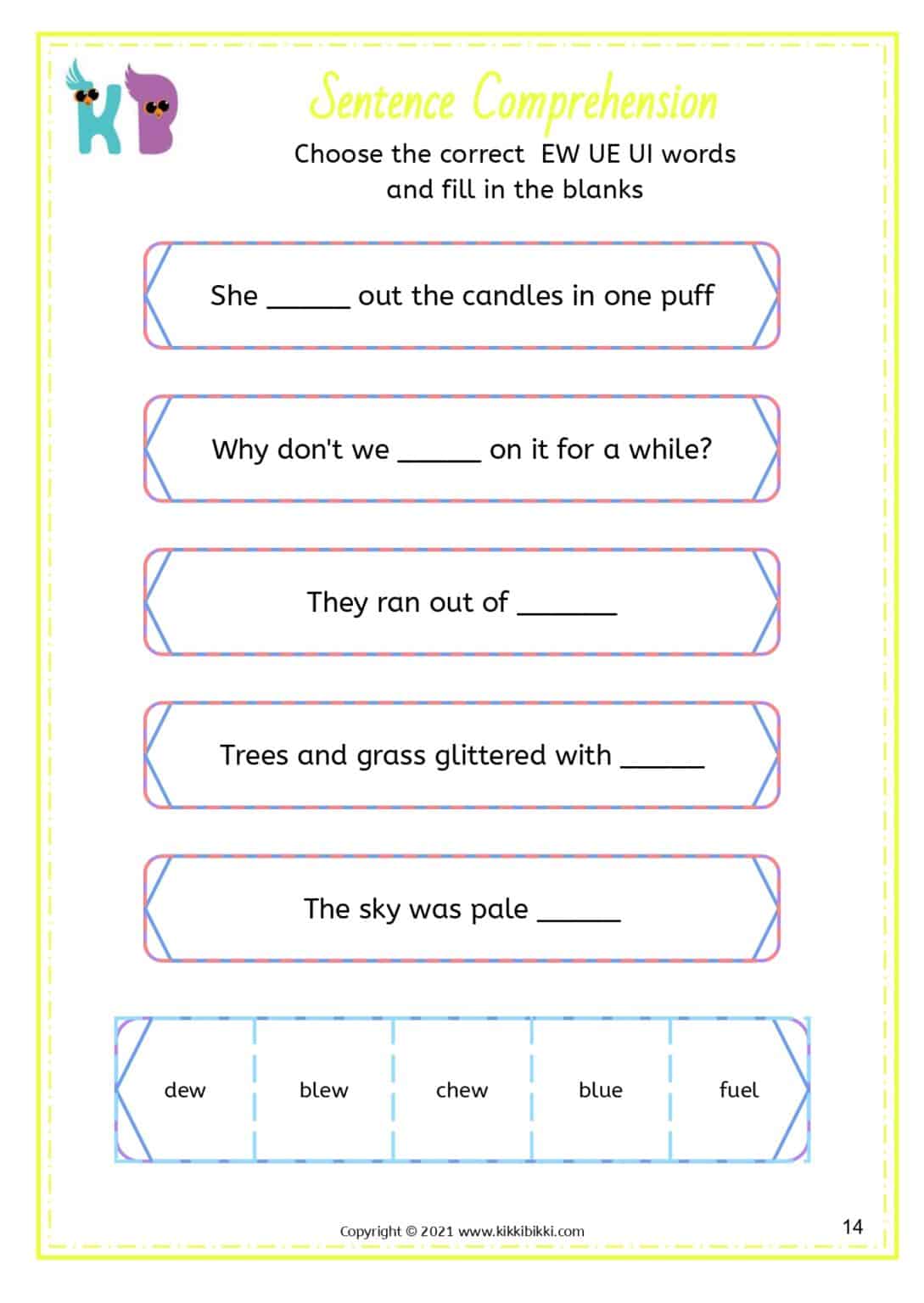 Learn to spell ew, ue, ui Words - Phonics Worksheets - KikkiBikki