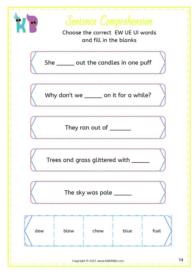 Learn to spell ew, ue, ui Words - Phonics Worksheets - KikkiBikki