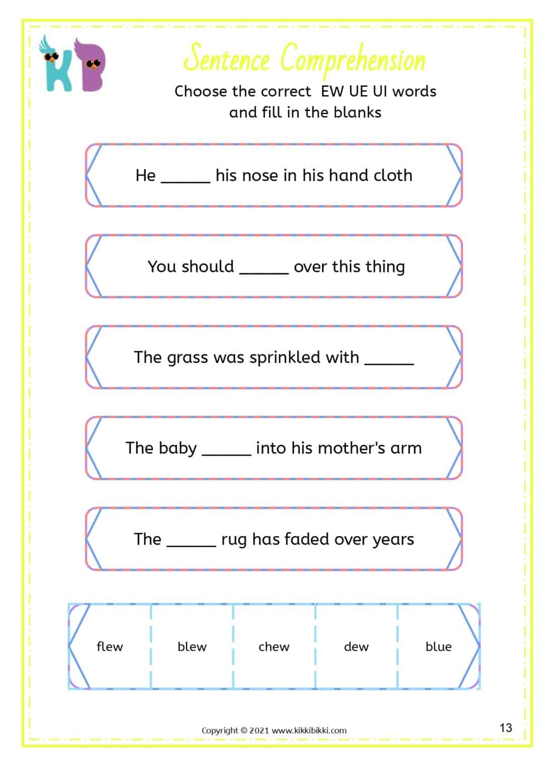 Learn to spell ew, ue, ui Words - Phonics Worksheets - KikkiBikki