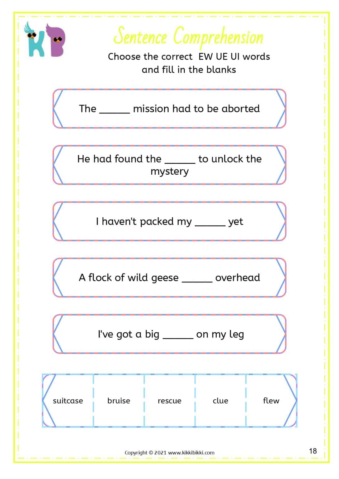 Learn to spell ew, ue, ui Words - Phonics Worksheets - KikkiBikki