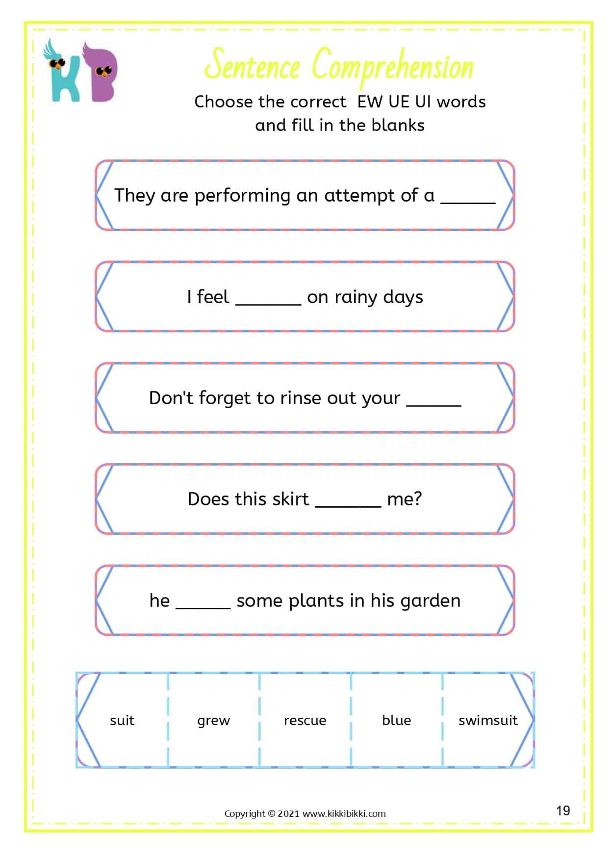 Learn to spell ew, ue, ui Words - Phonics Worksheets - KikkiBikki