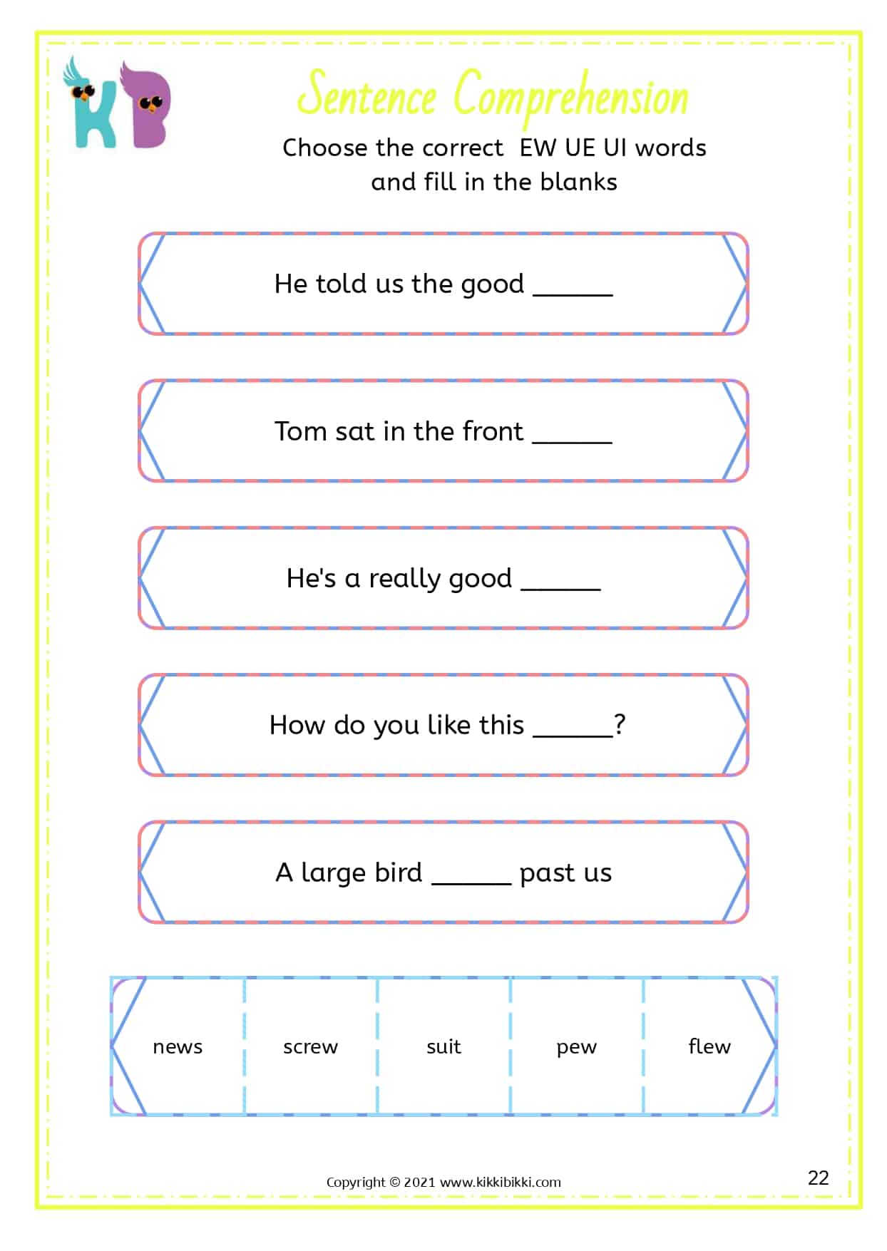 Learn to spell ew, ue, ui Words - Phonics Worksheets - KikkiBikki